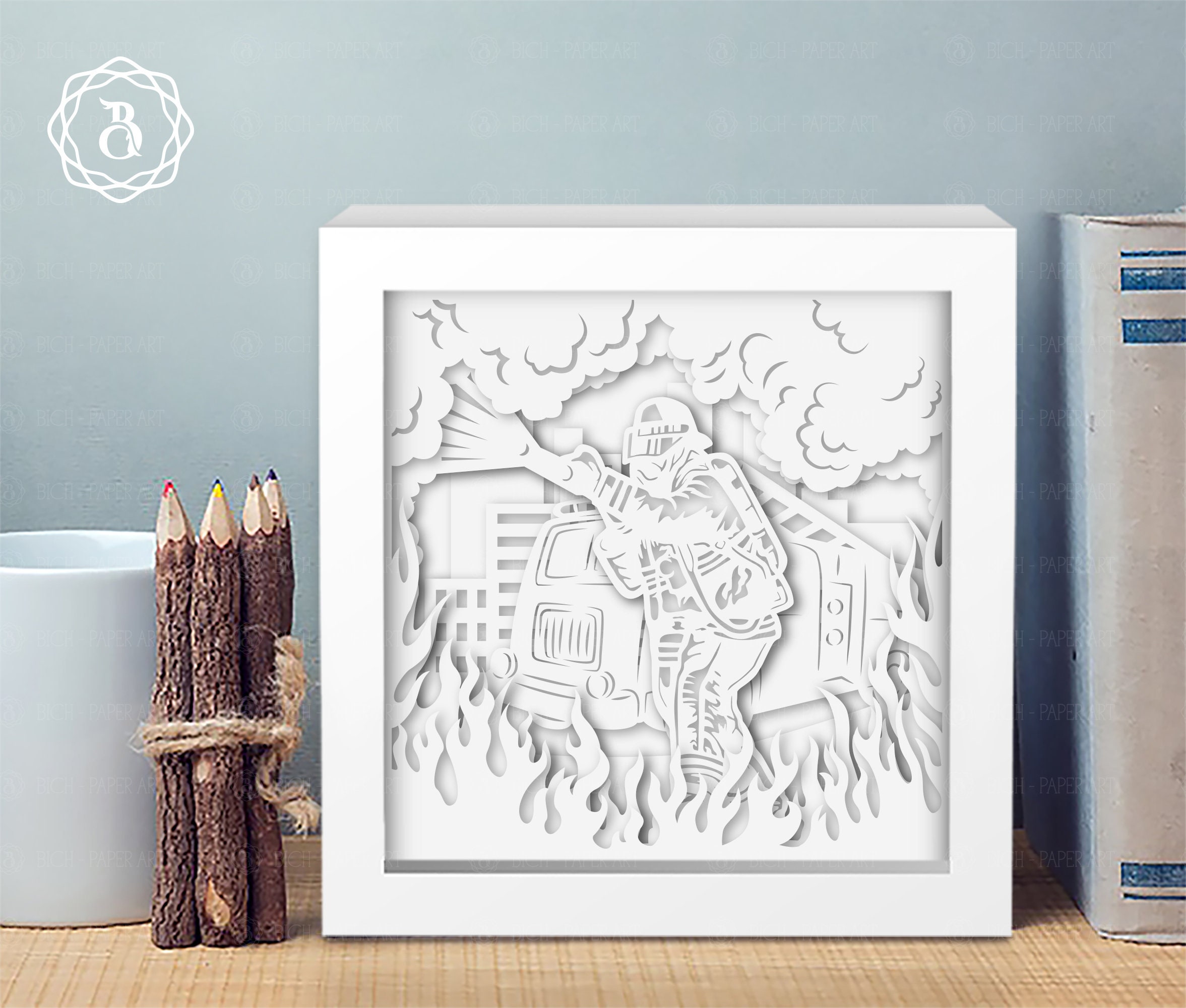 Firefighter Shadow Box SVG Fireman Lightbox Template - Etsy Canada