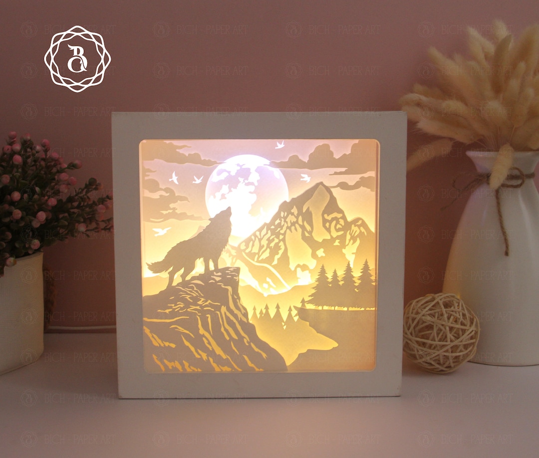 Howling Wolf Shadow Box: Moonlit Forest Papercut Lightbox (SVG, PNG ...