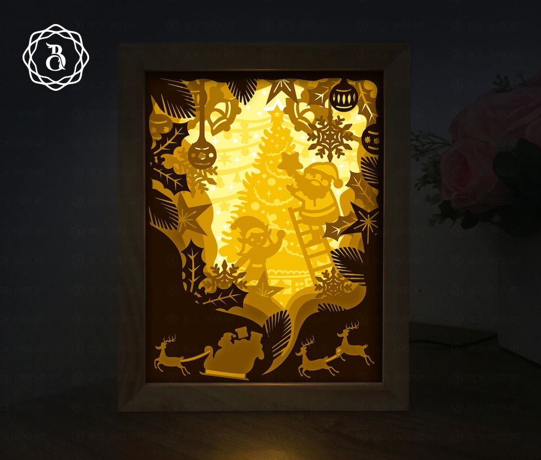 Santa Claus With Christmas Tree Shadow Box SVG, Merry Christmas Light ...