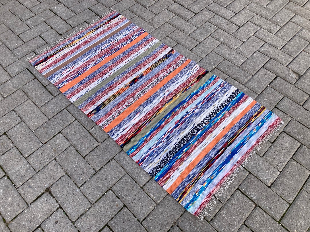Swedish Small Rag Rug, Rainbow Small Rug, Striped Small Kilim Rug ...