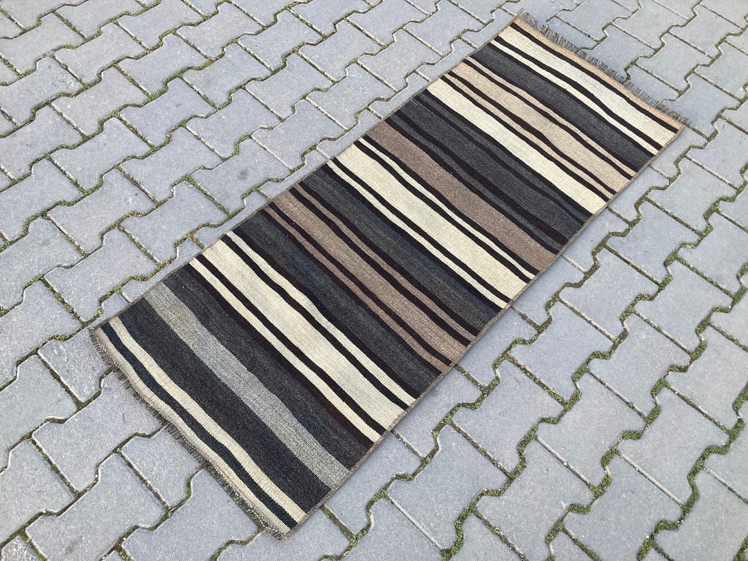 Short Runner Rug , Farmhouse Runner Rug , Striped Runner Rug , Brown ...