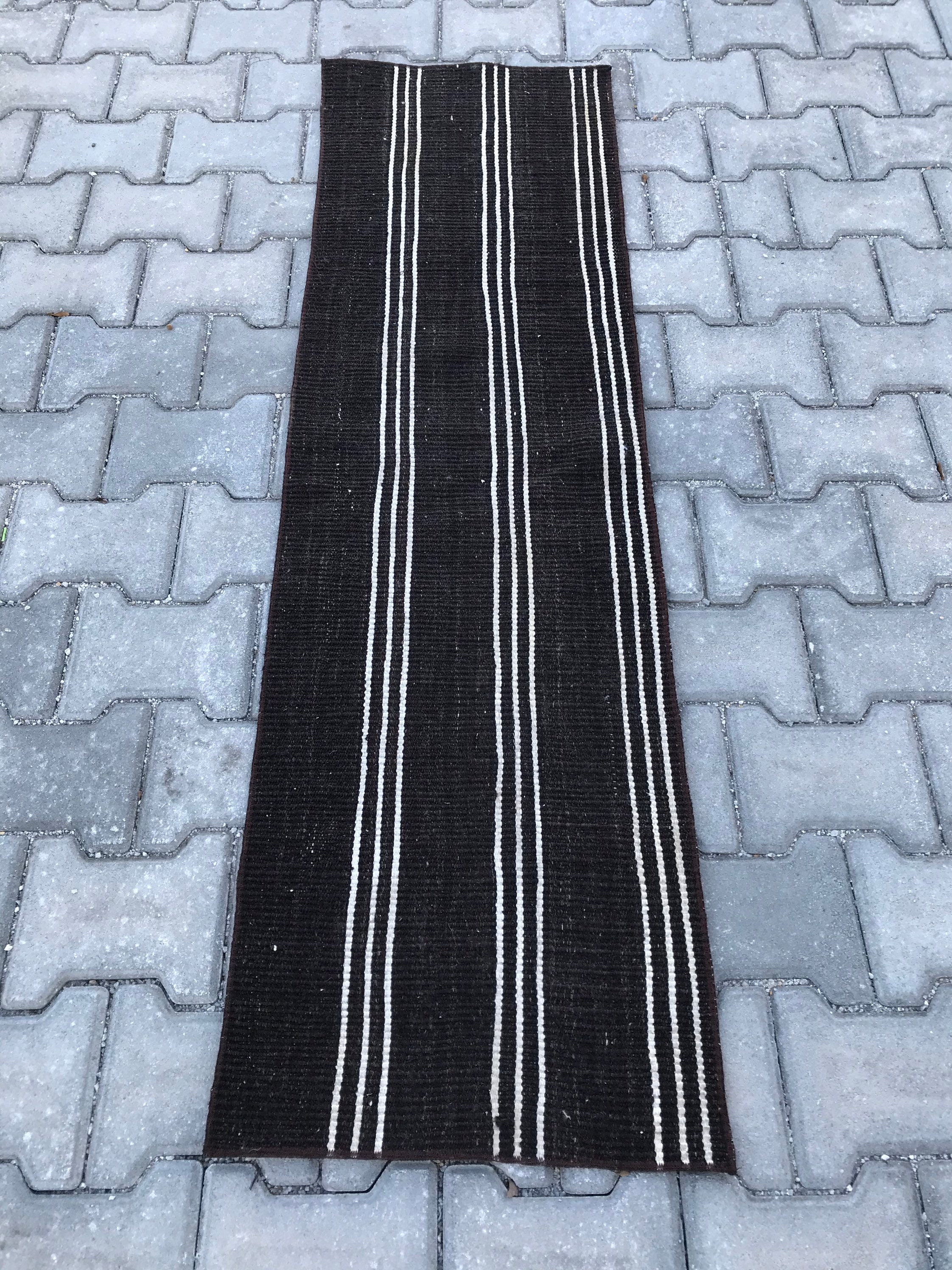 Striped Short Runner Rug Minimal Runner Rug Black Runner | Etsy