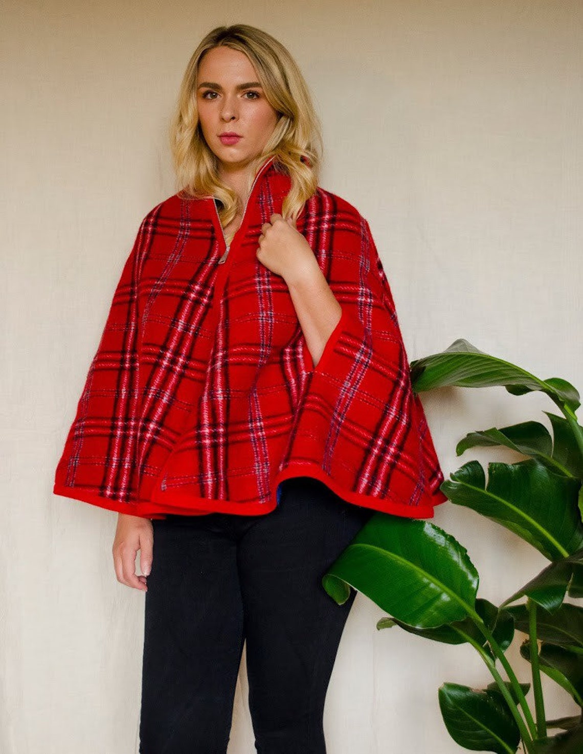 Vintage 1950s 1960s Plaid Wool Reversible Cape Red Blue Poncho - Etsy