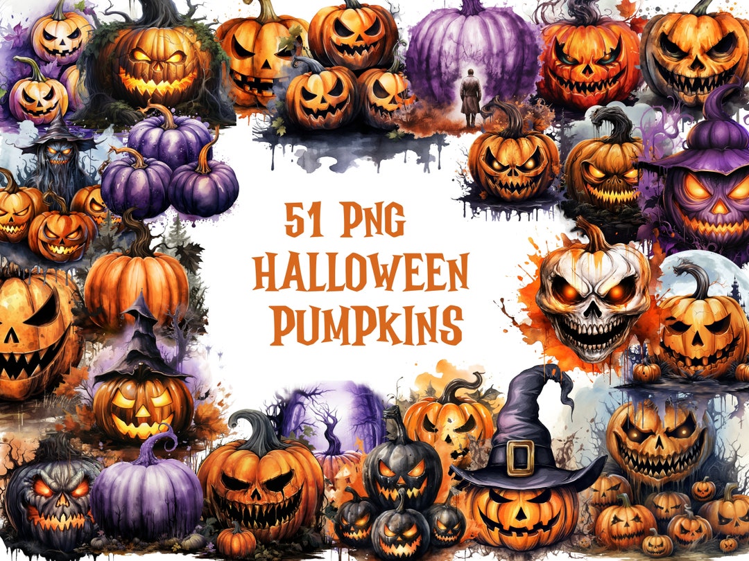 Watercolor Halloween Pumpkin Clipart, Horror Bundle Png, Scary ...