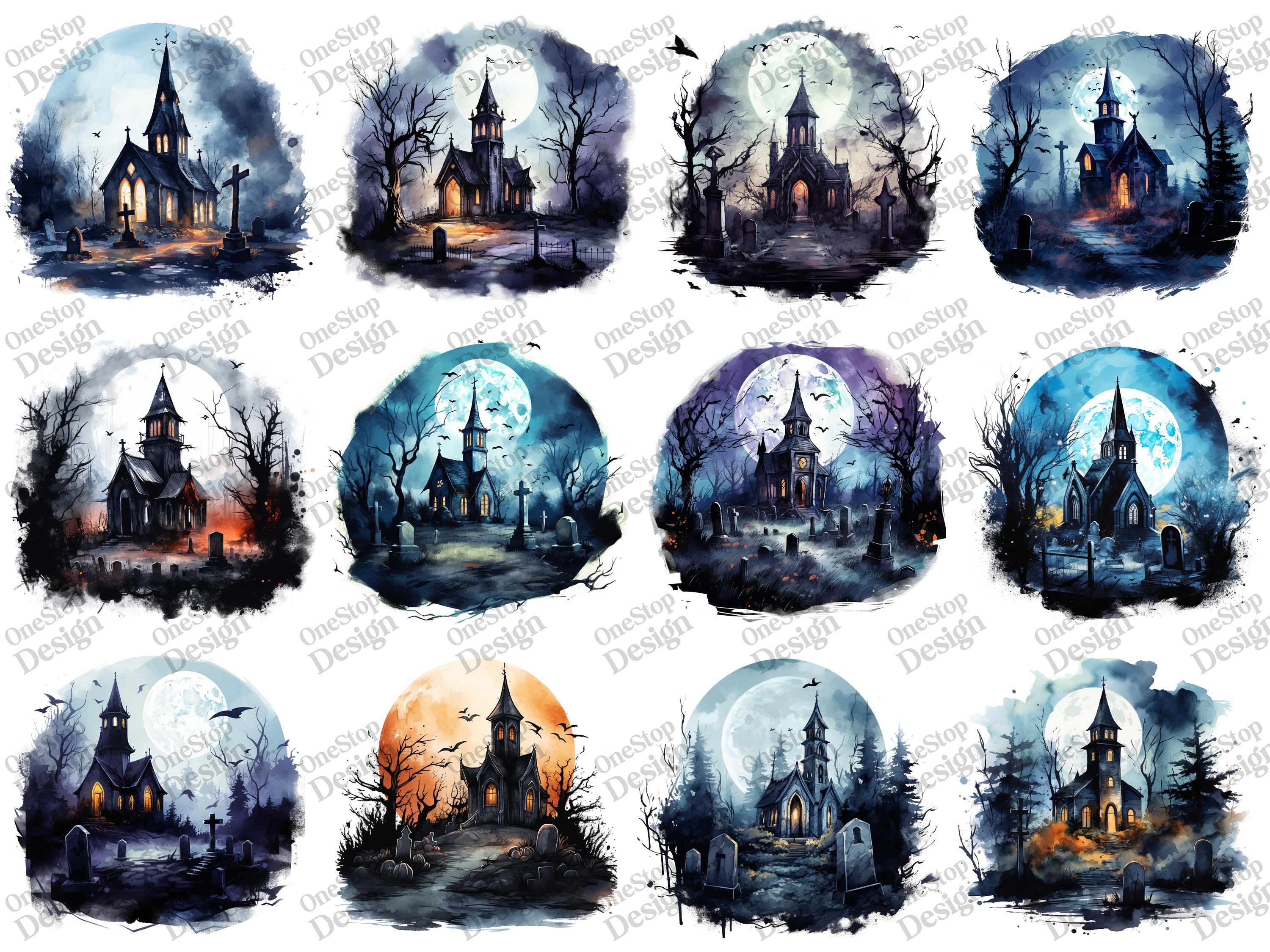 Watercolor Church Clipart Horror Halloween Png Halloween - Etsy