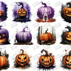 Watercolor Halloween Pumpkin Clipart, Horror Bundle Png, Scary ...