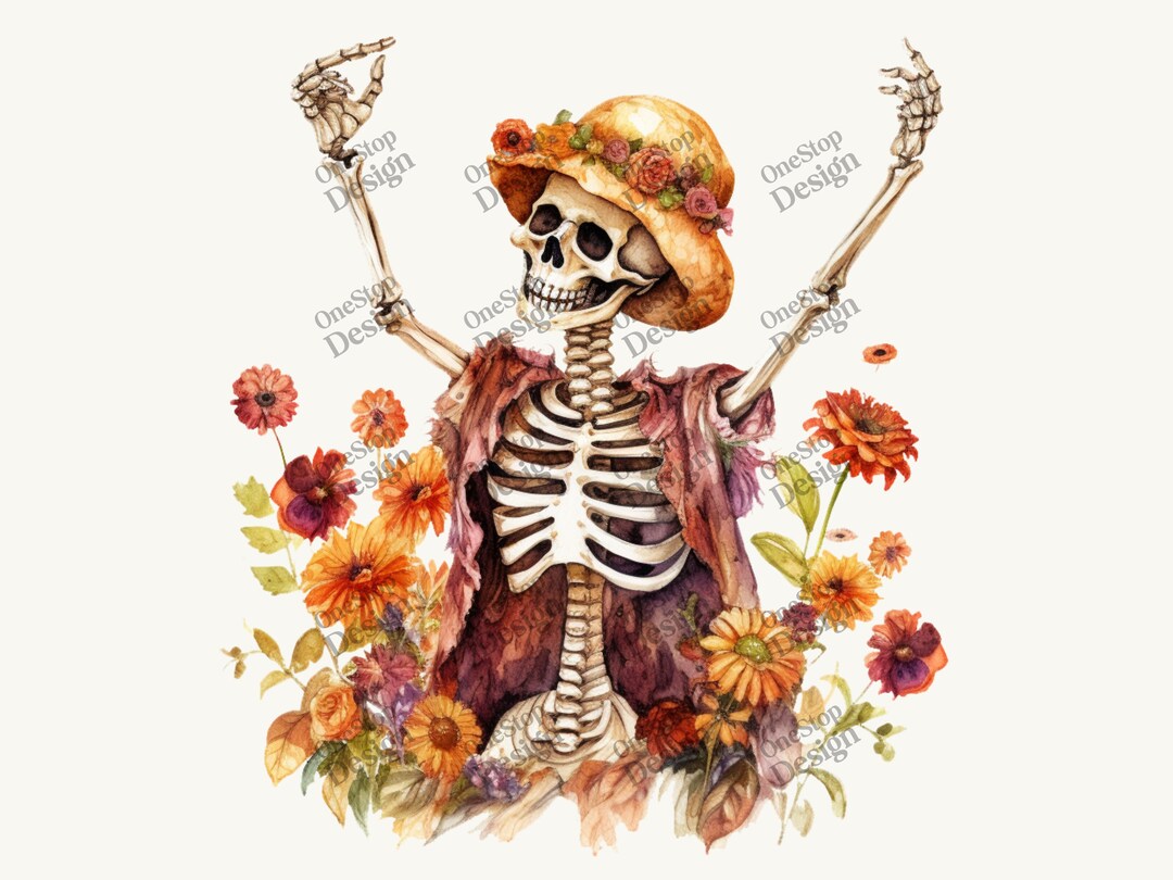 Watercolor Fall Skeleton Clipart, Dancing Skeleton Png, Floral Skeleton ...