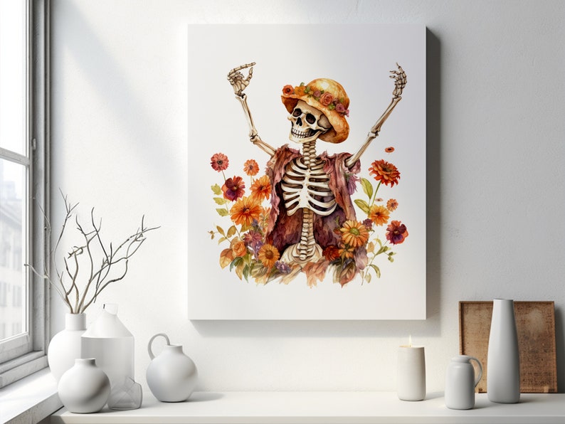 Watercolor Fall Skeleton Clipart, Dancing Skeleton Png, Floral Skeleton ...