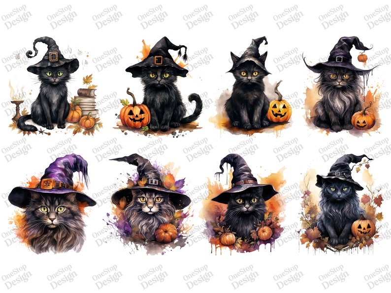 Watercolor Halloween Cat Png Cute Halloween Png Witch Cat - Etsy
