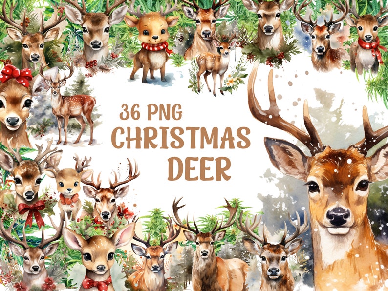 Watercolor Reindeer Clipart Christmas Png Design Reindeer - Etsy