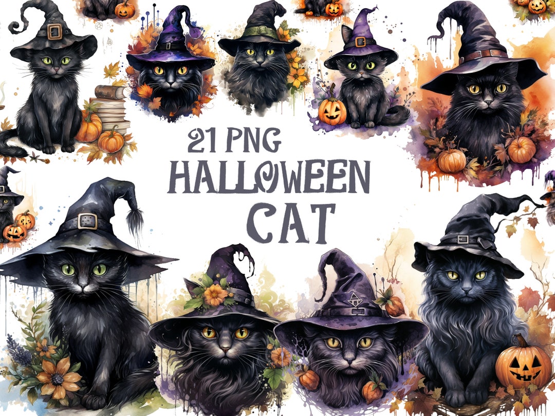 Watercolor Halloween Cat Png, Cute Halloween Png, Witch Cat Clipart ...