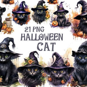 Watercolor Halloween Cat Png, Cute Halloween Png, Witch Cat Clipart ...