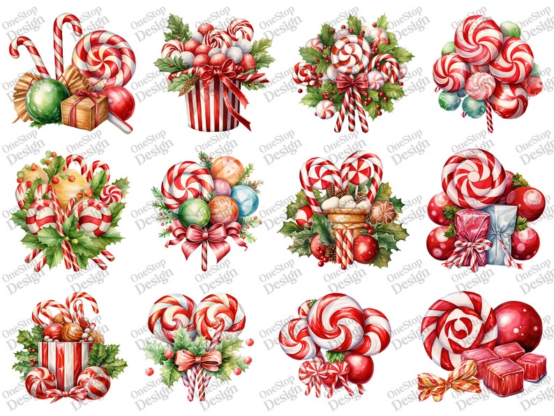 Watercolor Christmas Candy Clipart, Candy Cane Png, Christmas Sweets ...