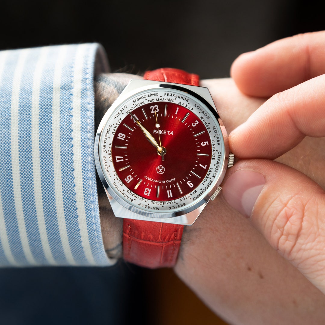Collectible Mens Watch, Red Watch Raketa 24-hours Vintage Wrist Watch ...