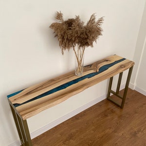 Epoxy Resin Wood Console Table, Live Edge Entryway Table, Narrow Walnut ...
