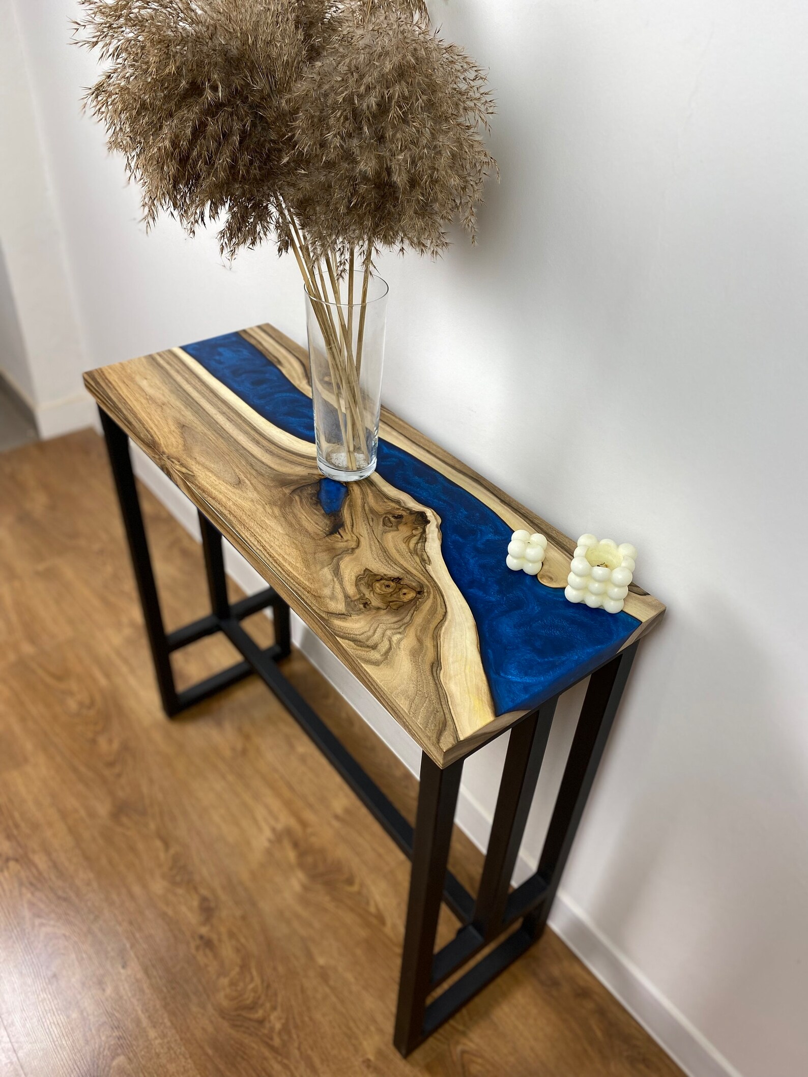 Epoxy Resin Blue Console Table, Wood Walnut Console, Narrow Console ...