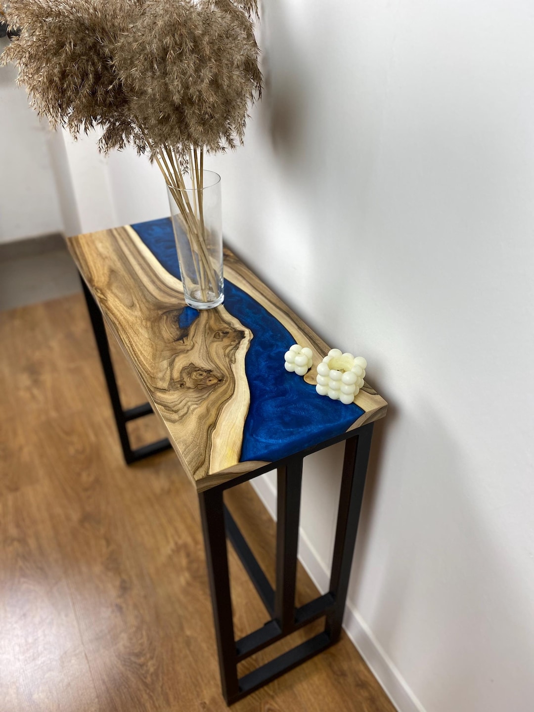 Epoxy Resin Wood Console Table, Live Edge Entryway Table, Narrow Walnut ...