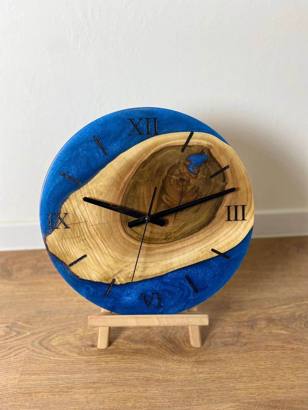 Blue Wall Clock Unique, Wood Epoxy Resin Small Clock, Custom Walnut Wall Clock, Oversized Alarm ...