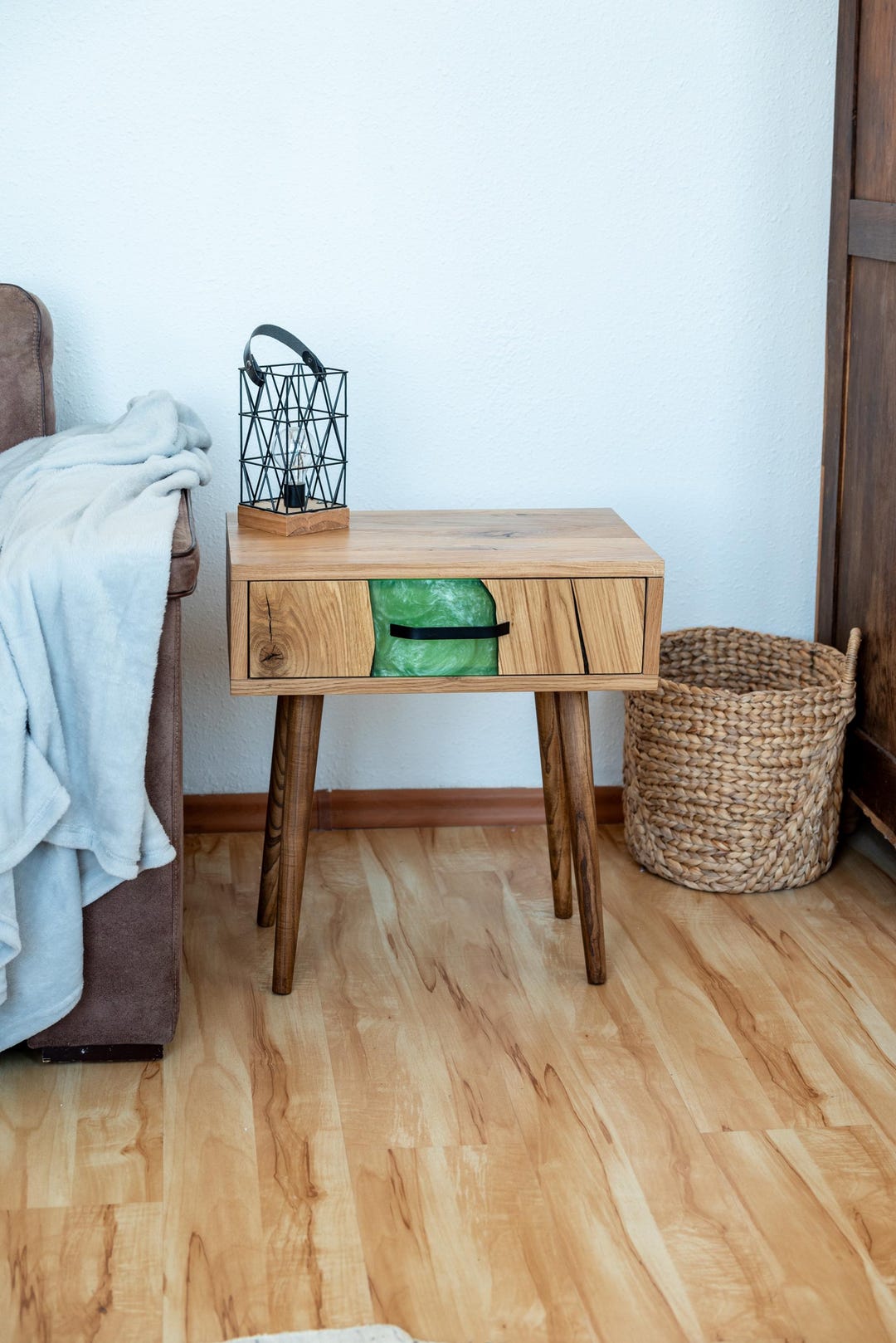 Wooden Nightstand With Green Epoxy Drawer, Mid Century Modern Bedside ...