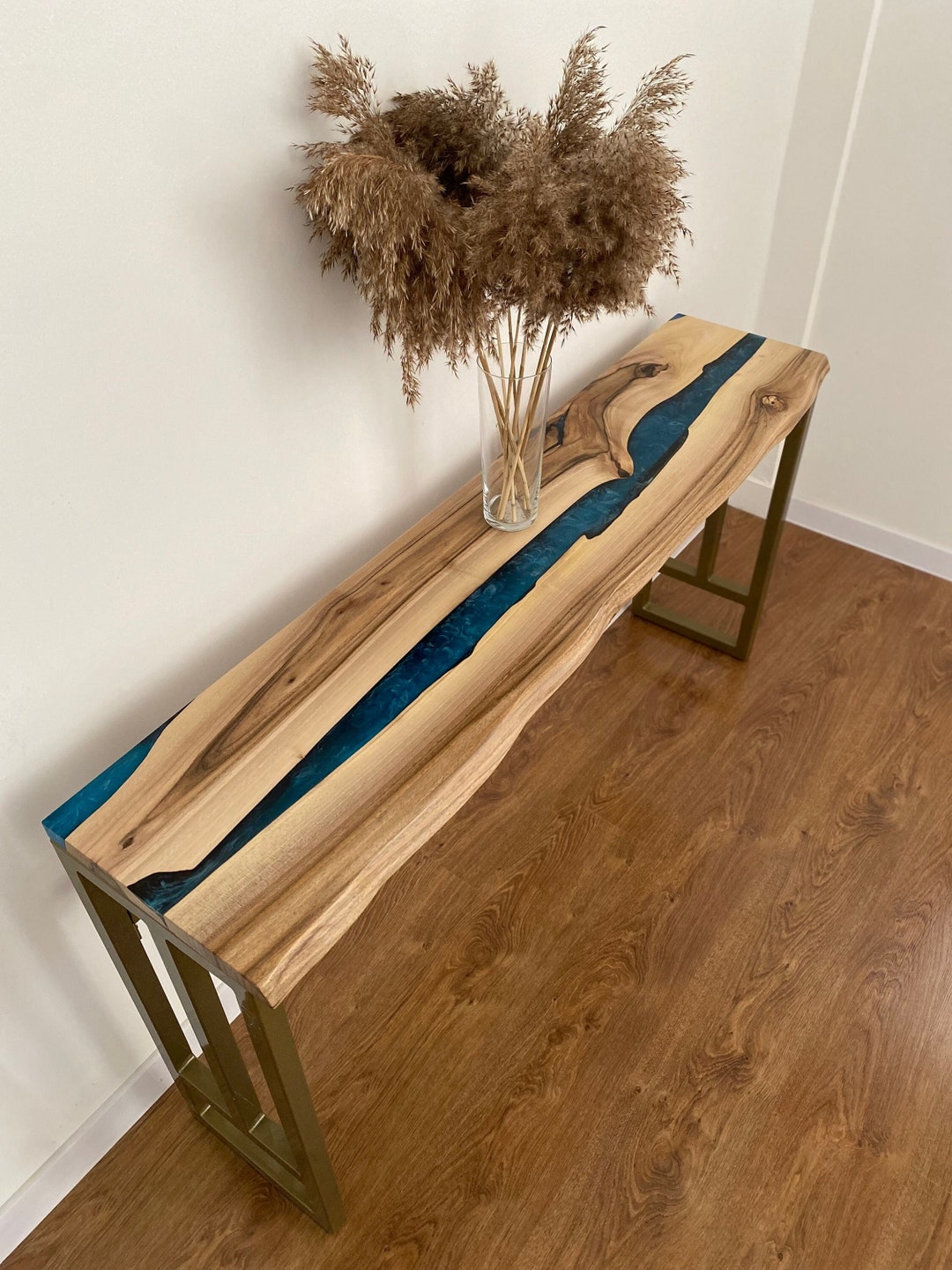 Epoxy Resin Console Table, Live Edge Wood Narrow Entryway Table, Blue ...