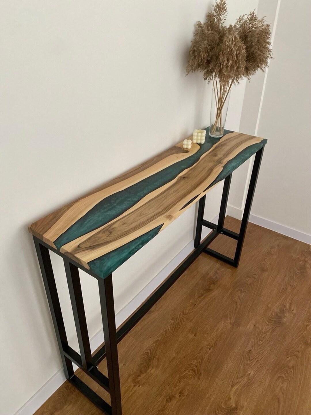 Wood Epoxy Resin Console Table, Live Edge Black Console, Narrow Console ...