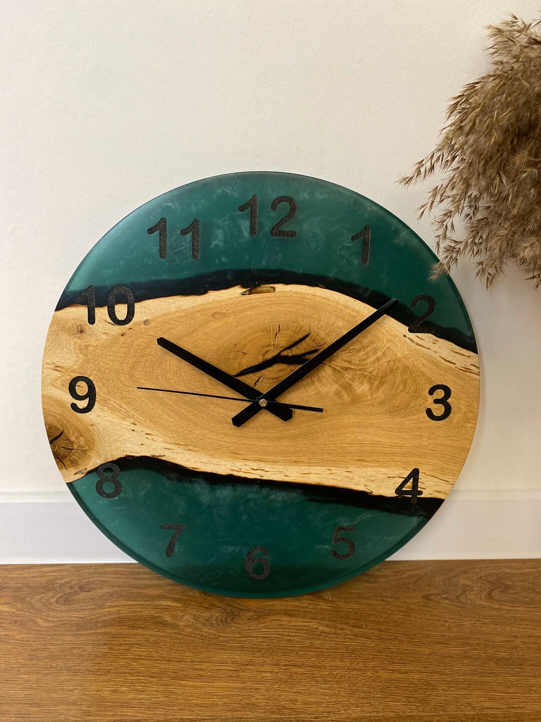 Green Wood Wall Clock, Epoxy Resin River Clock, Handmade Wooden Clock ...
