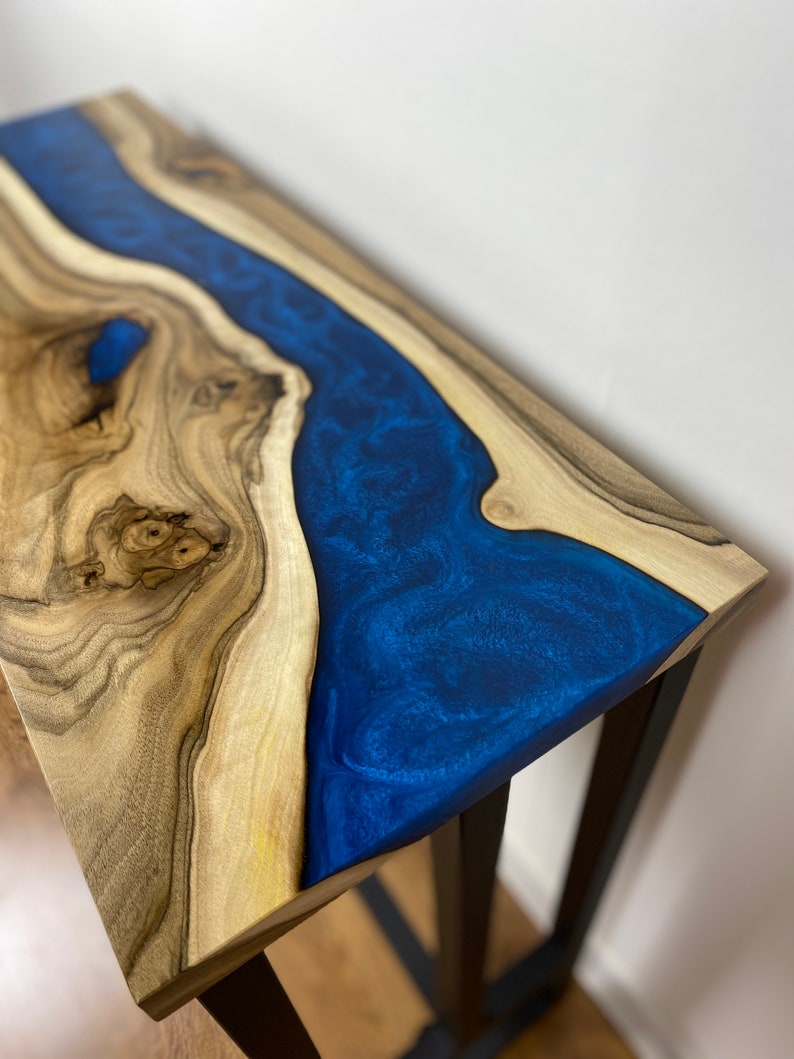 Epoxy Resin Blue Console Table, Wood Walnut Console, Narrow Console ...