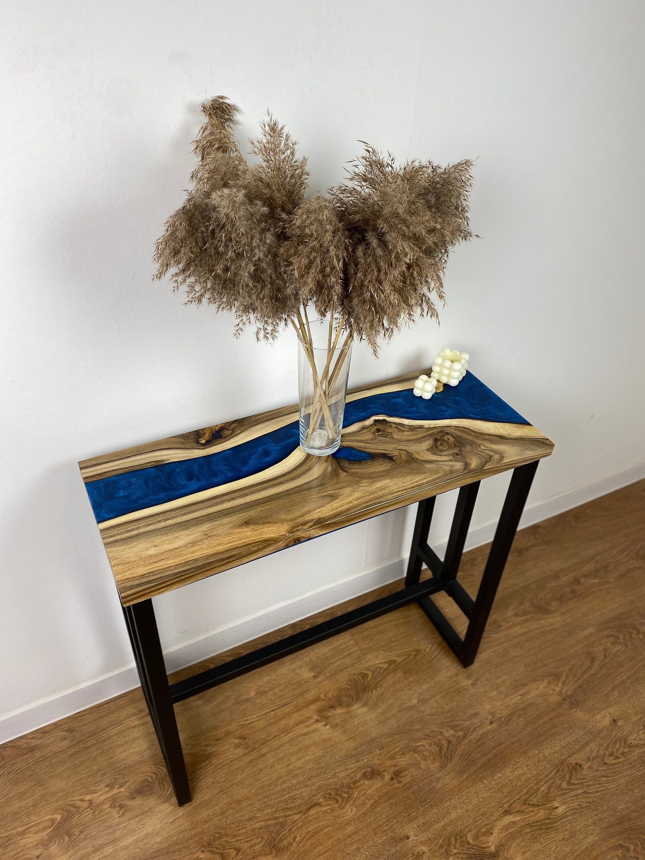 Epoxy Resin Blue Console Table, Wood Walnut Console, Narrow Console ...