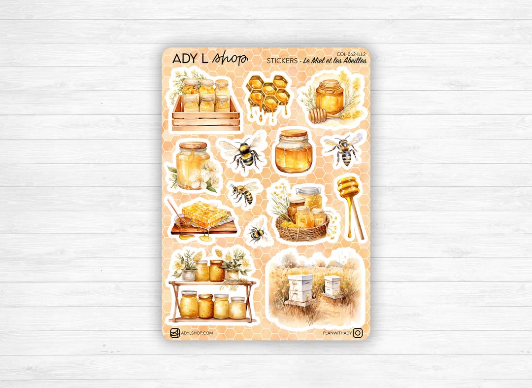 Sticker Sheets - "honey & Bees" - Watercolor Illustrations: Bees, Honey ...