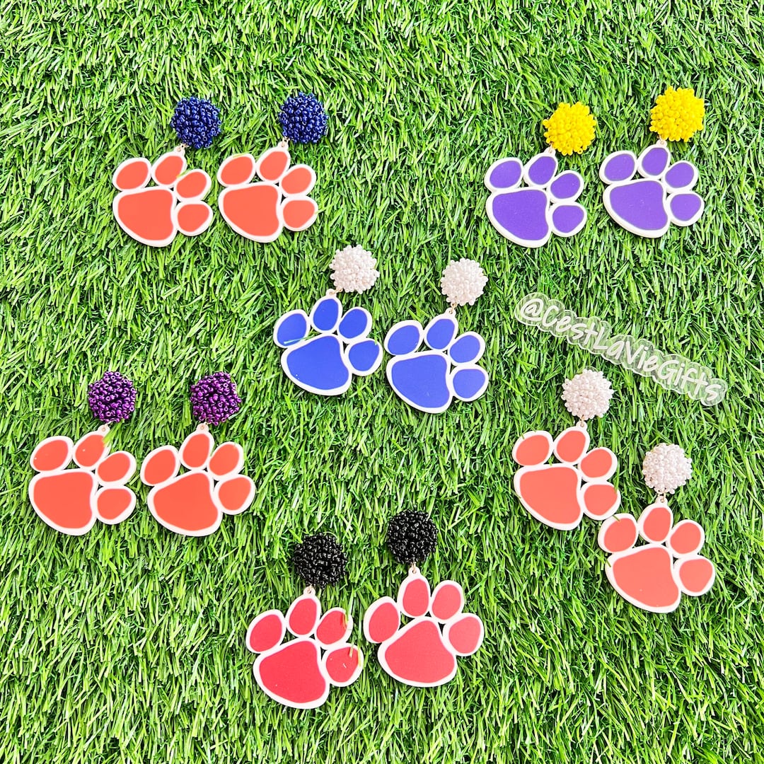 Acrylic Paw Print Pompom Earrings - Lots of Color Choices! Purple ...