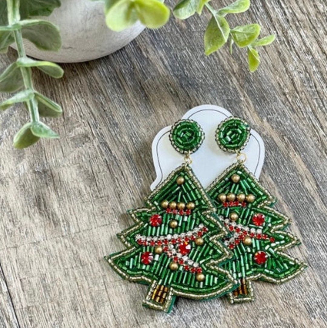 Christmas Tree Rhinestone & Beaded Earrings - Perfect for Holiday ...