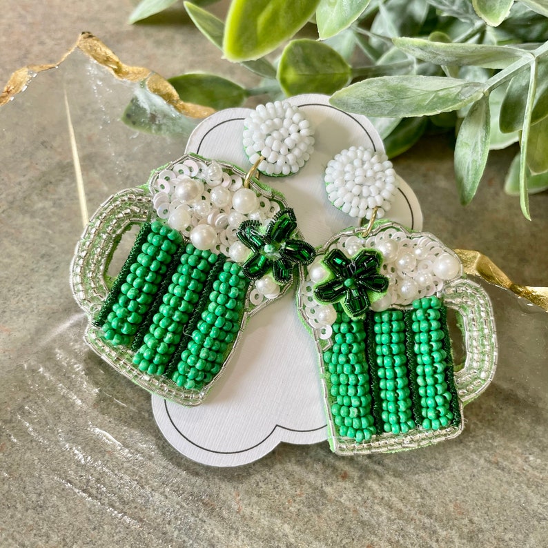 St. Patrick's Day Earrings: Seed Bead Clover & Green Beer - Etsy