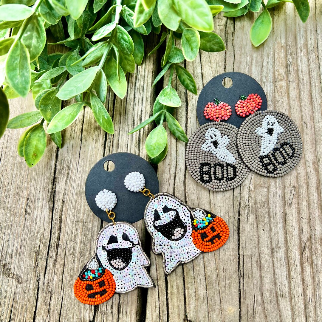 Halloween Earrings! 2 Styles! Pumpkins, Ghosts, Beaded & Sequins! - Etsy