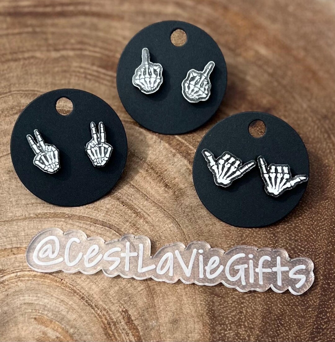 Skeleton Finger Stud Earrings! Halloween, Spooky, Middle Finger, Flip ...