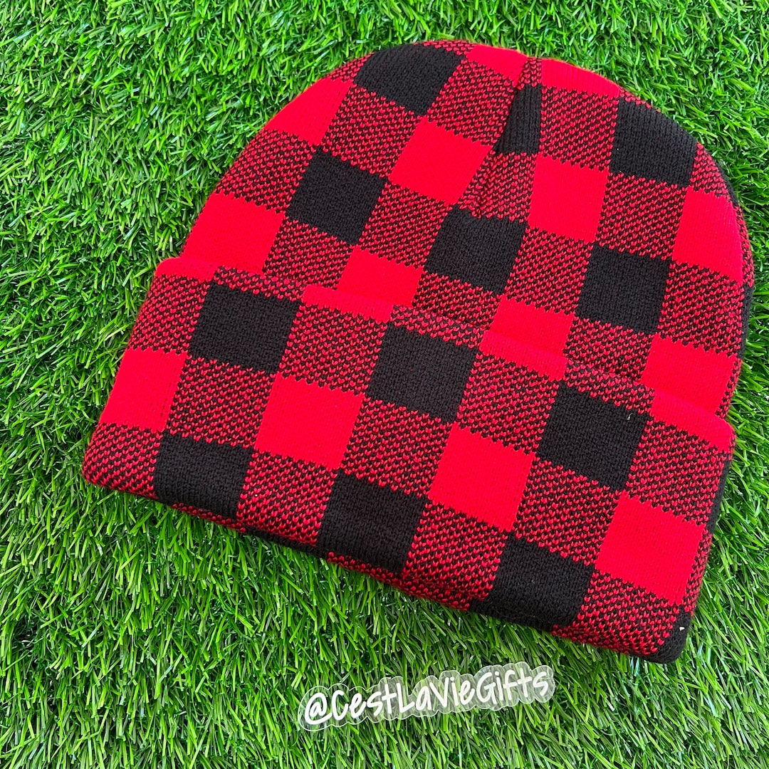 Red & Black Buffalo Plaid Beanie Hat Adult Winter Hat Cap - Etsy