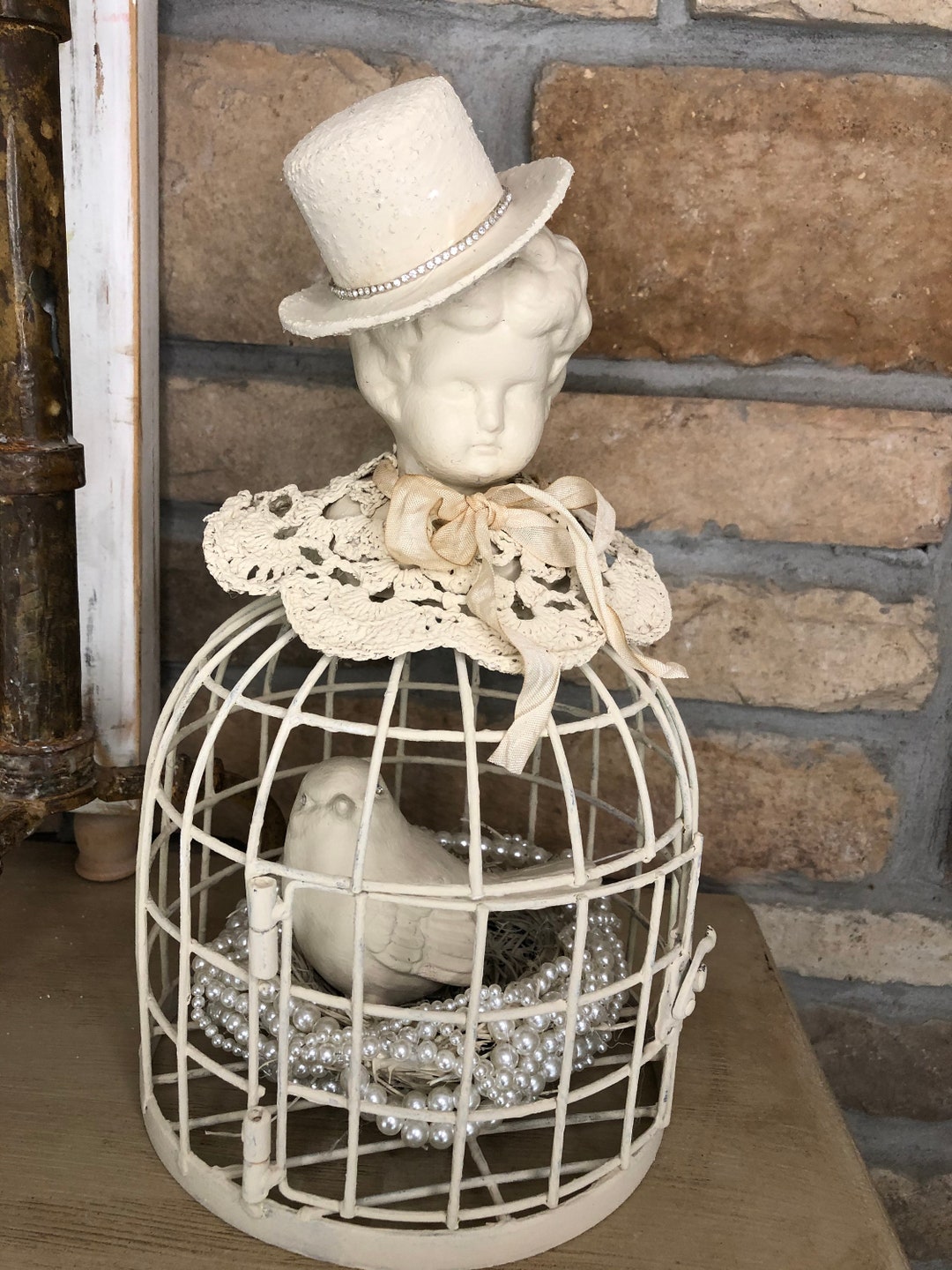 Whimsical Doll Head on Bird Cage With Pearl Birds Nest / German Head ...