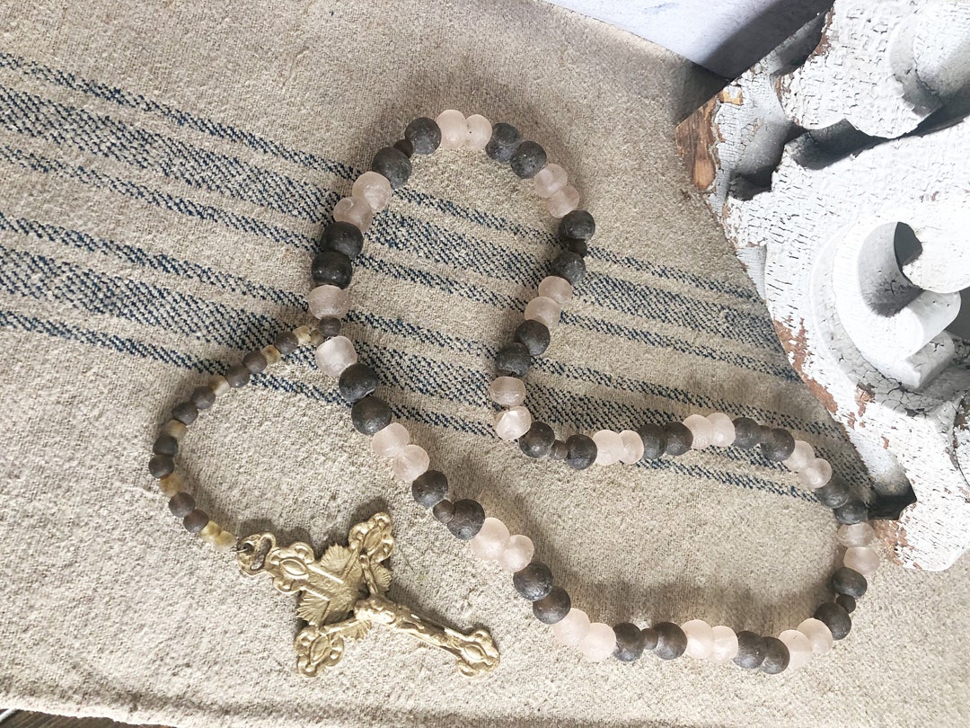 Large Recycled Glass Bead Rosary Garland / Religious Decor / Crucifix ...