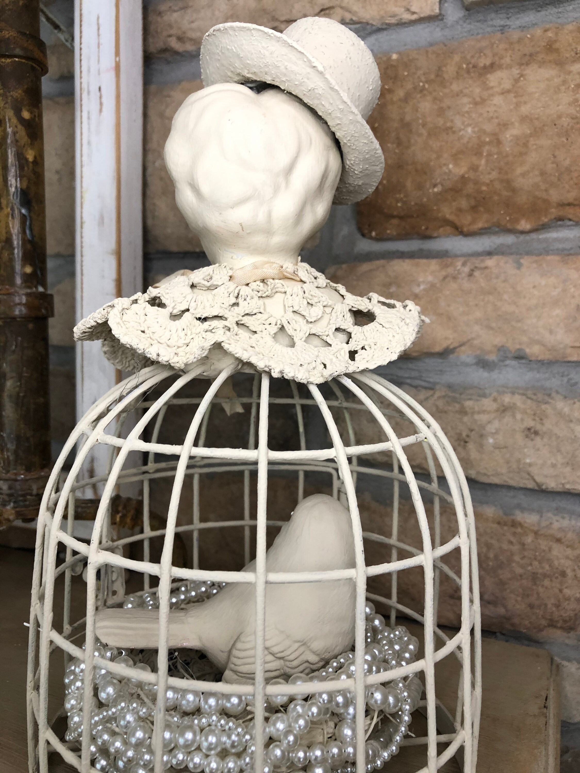 Whimsical Doll Head on Bird Cage With Pearl Birds Nest / German Head ...