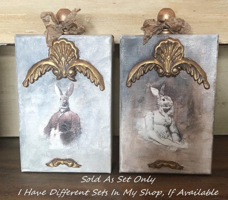 Two Victorian Rabbit Portraits on Canvas With Finial / Whimsical ...