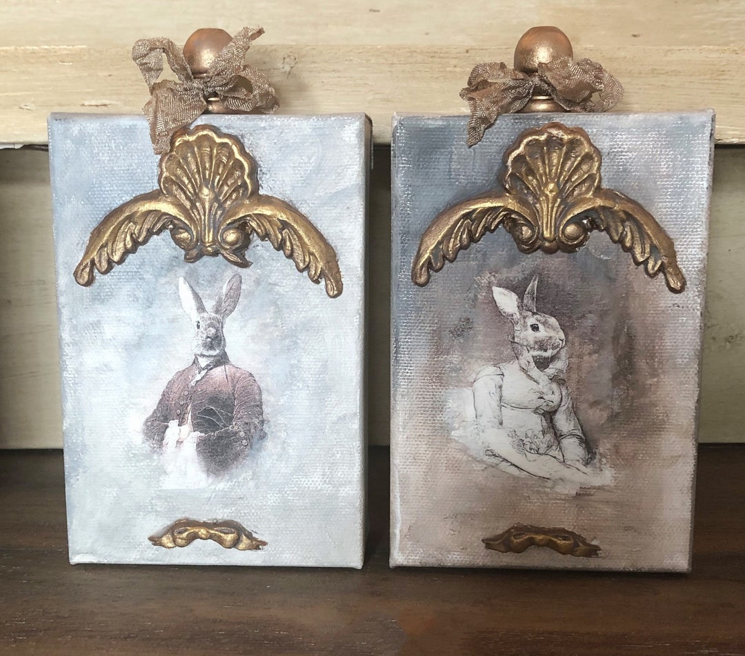 Two Victorian Rabbit Portraits on Canvas With Finial / Whimsical ...