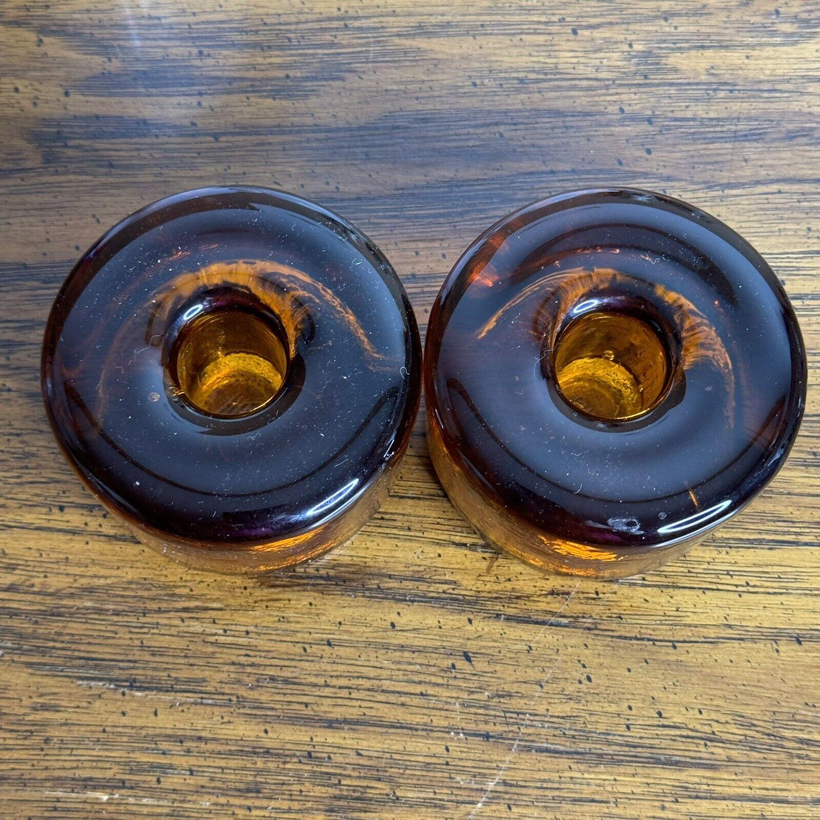 Vintage Blenko Root Beer Amber Glass Round Candlestick Holders MCM ...