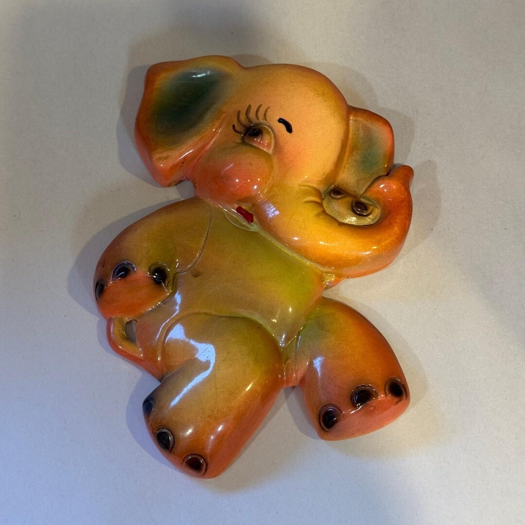 Vintage Chalkware 50's Elephant Wall Plaque Orange Yellow Kitsch Retro ...