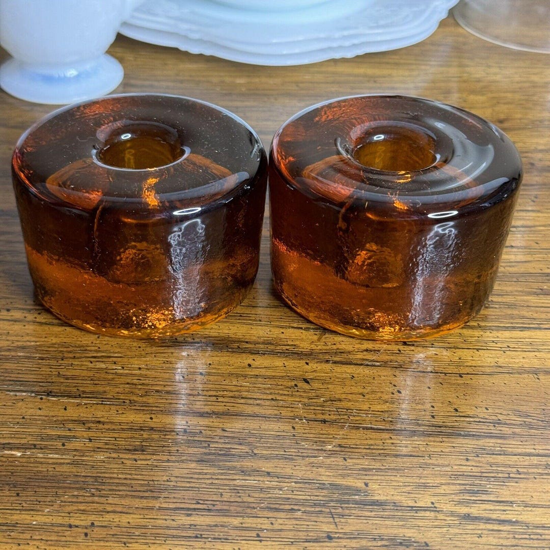 Vintage Blenko Root Beer Amber Glass Round Candlestick Holders MCM ...