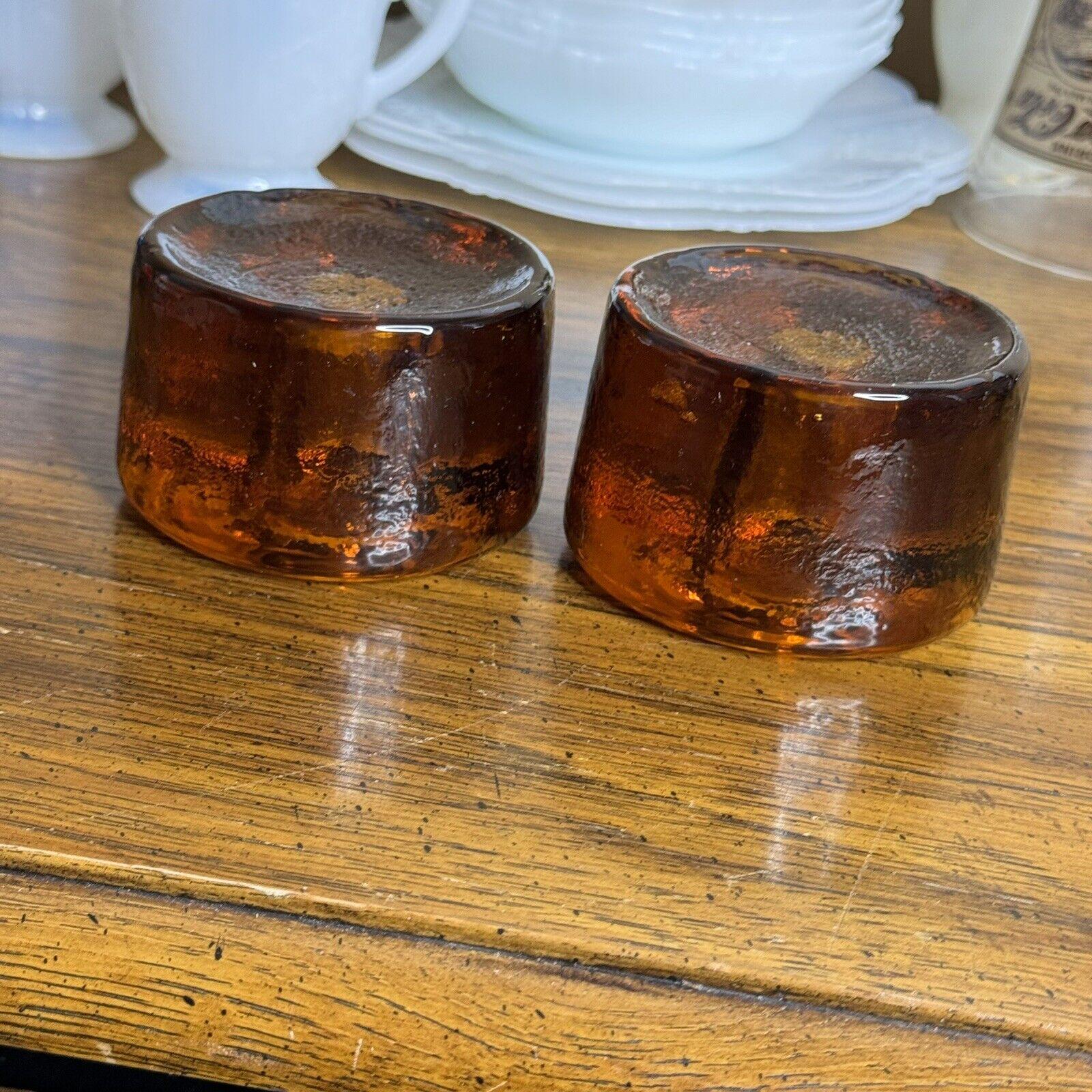 Vintage Blenko Root Beer Amber Glass Round Candlestick Holders MCM ...