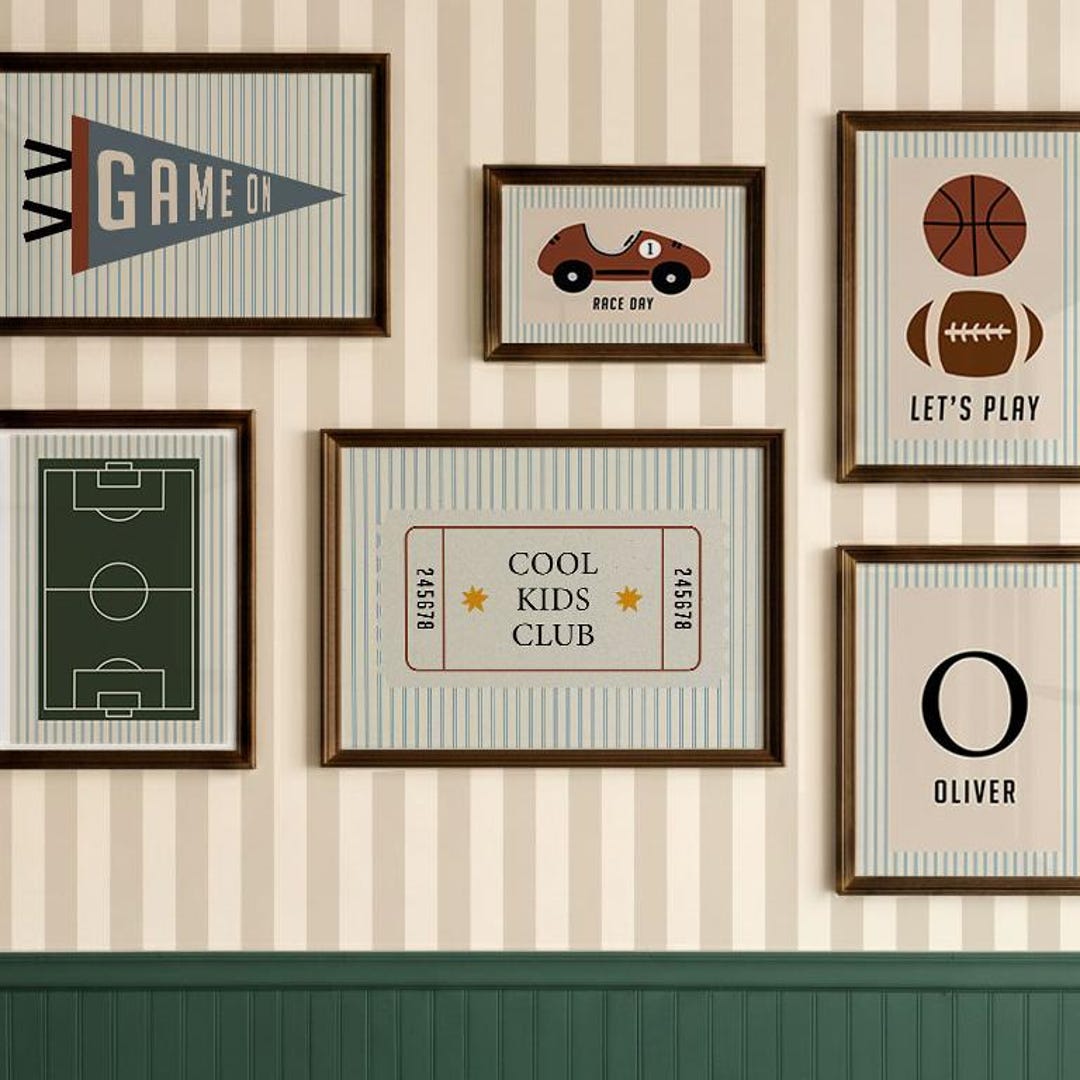 Vintage Style Sports Boys Room Wall Art Set of 6, Personalised ...