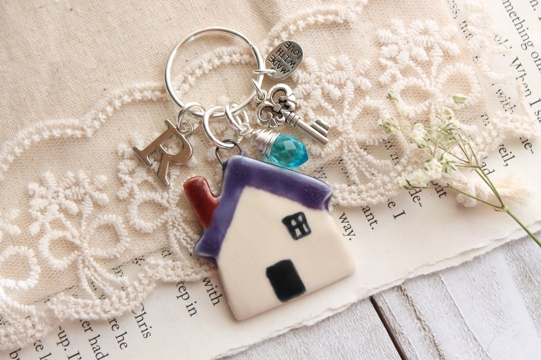 Personalized Ceramic House Keychain: Initial & Birthstone Charm - Etsy