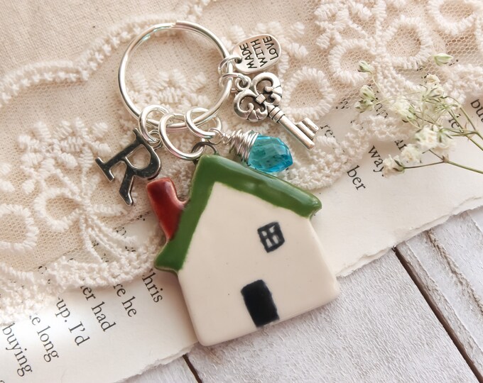 Personalized Initial and Birthstone Ceramic Green House Charm Keychain ...