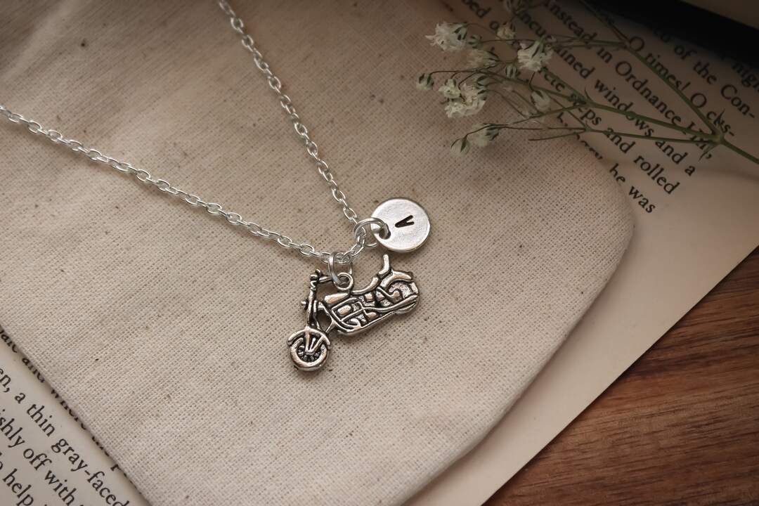 Personalized Initial Silver Motorcycle Charm Charm Pendant Necklace ...