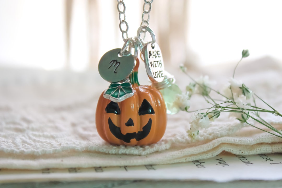 Personalized Initial and Birthstone Orange Jack O Lantern Pumpkin Charm ...