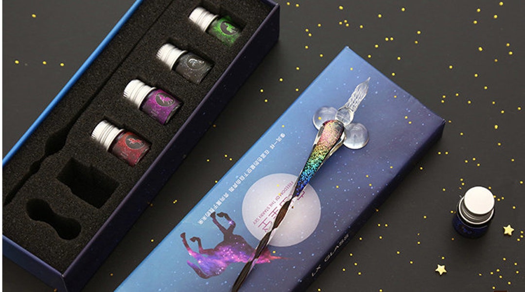 Crystal Glass Dipping Fountain Ink Pen Gift Set, Rainbow Glass Pen ...